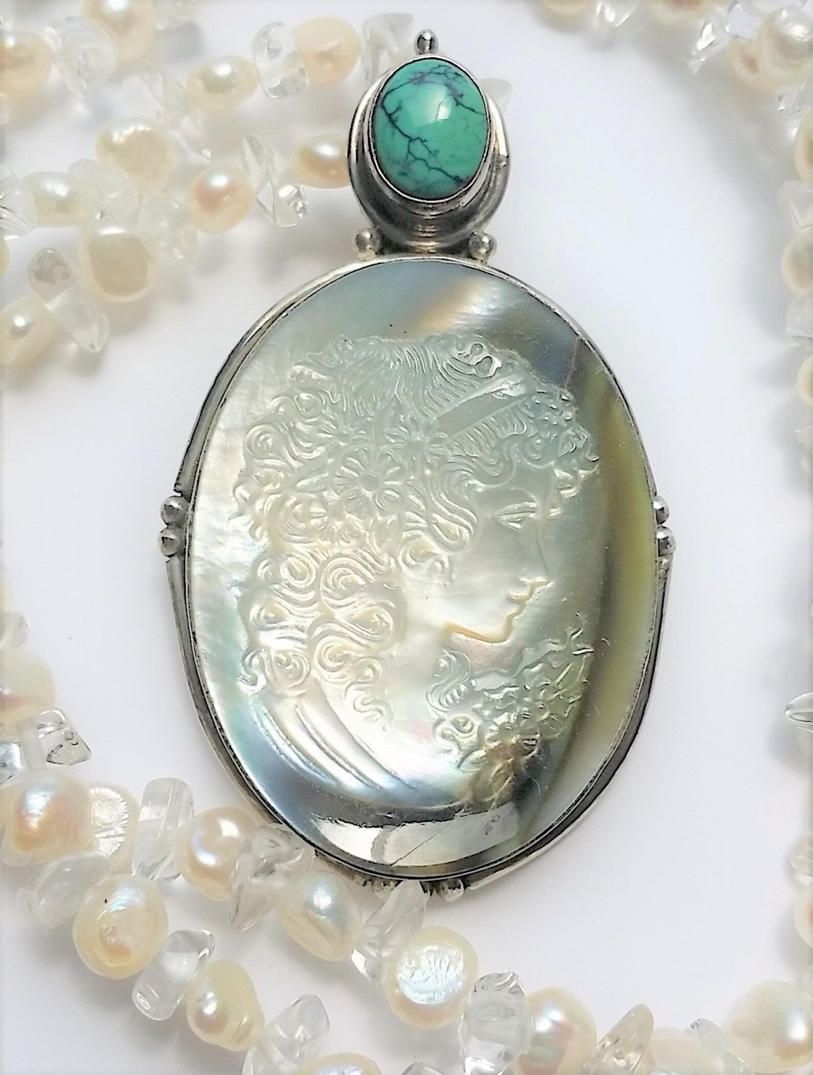 Mother of Pearl and Turquoise Cameo Pendant and Beaded Necklace - Etsy