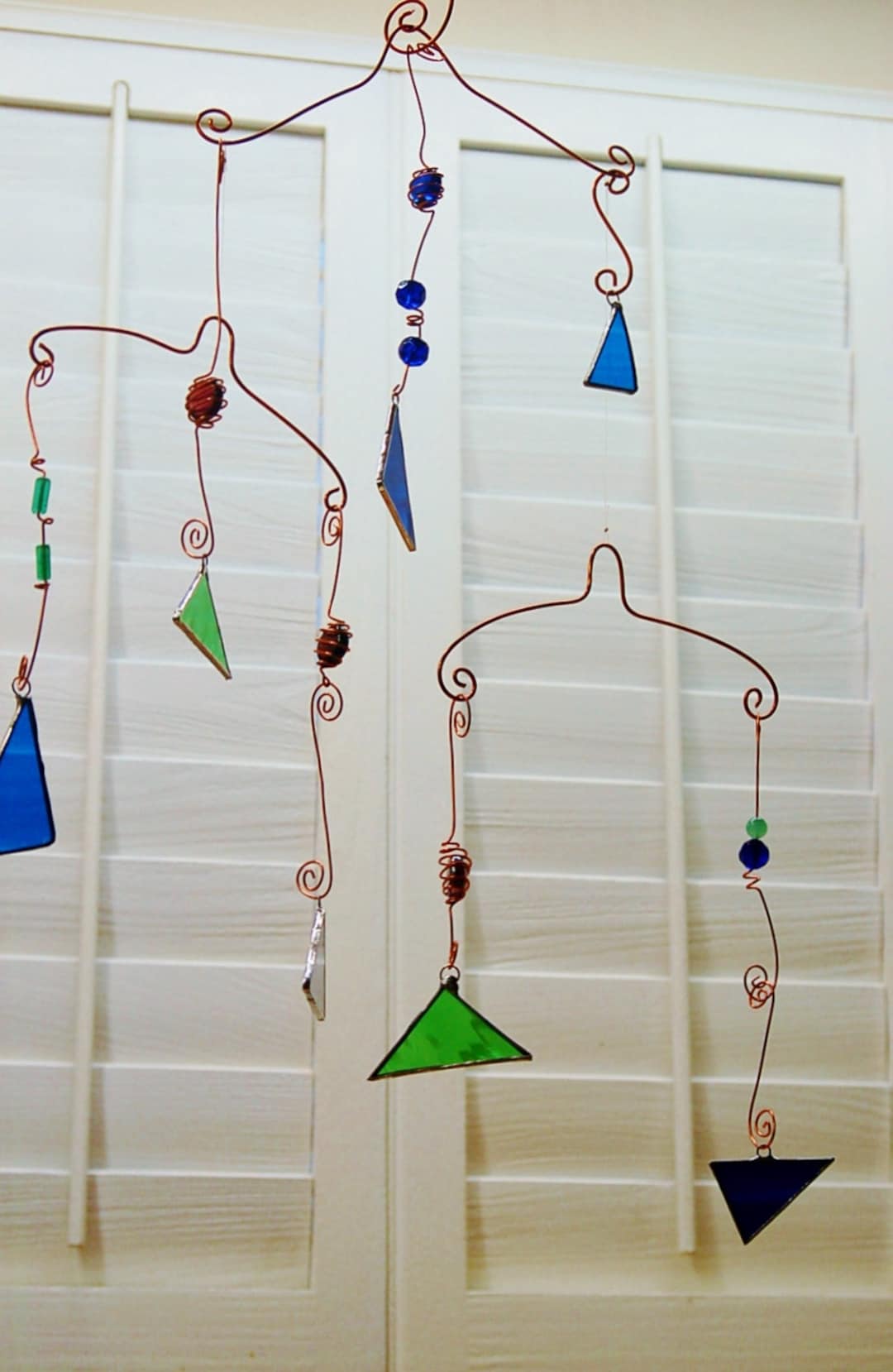 Whimsical Stained Glass and Copper Mobile, Kinetic Art Geometric Shapes ...