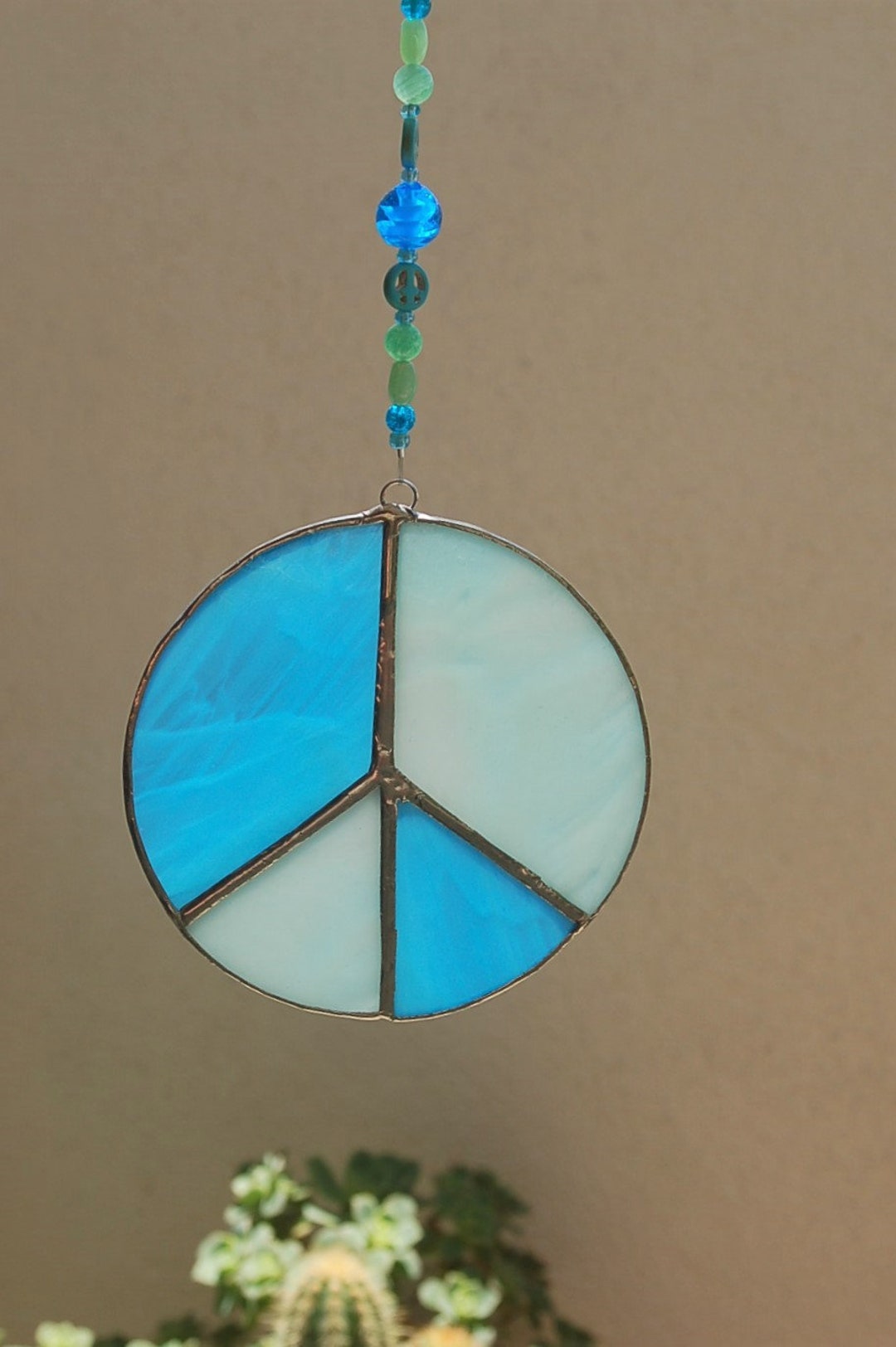 Sky Blue and Soft Green-blue Peace Sign Stained Glass Sun Catcher With ...