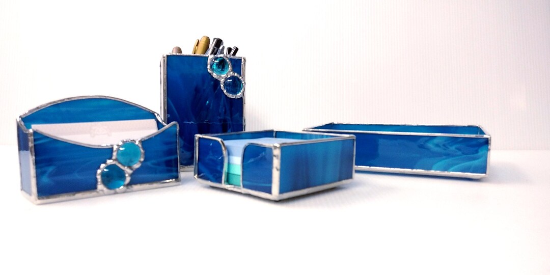 Your Choice Desk Set Office in Stained Glass Wispy Cerulean Blue Shades ...