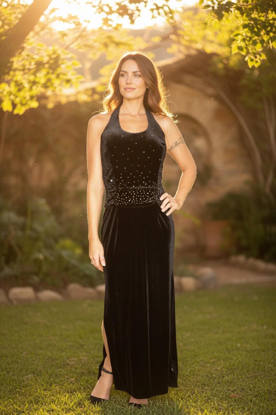 Scott Mcclintock Y2K Velvet Halter Gown – Glam Black High‑slit Party ...