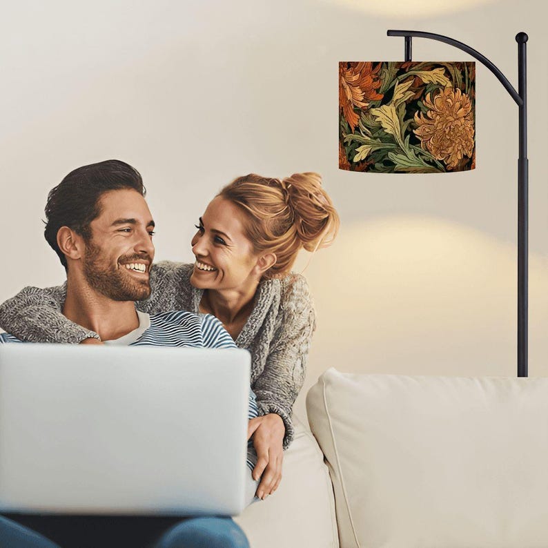 Art Nouveau Arc Floor Lamp, William Morris Chrysanthemum Fabric Shade ...