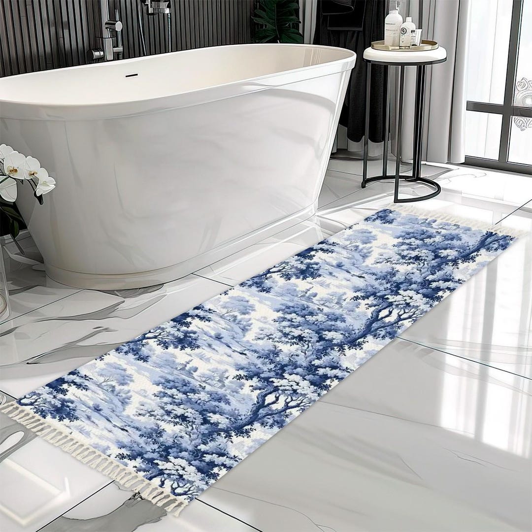 French Country Toile Runner: Silky Blue Chinoiserie, Eco-latex Backed ...