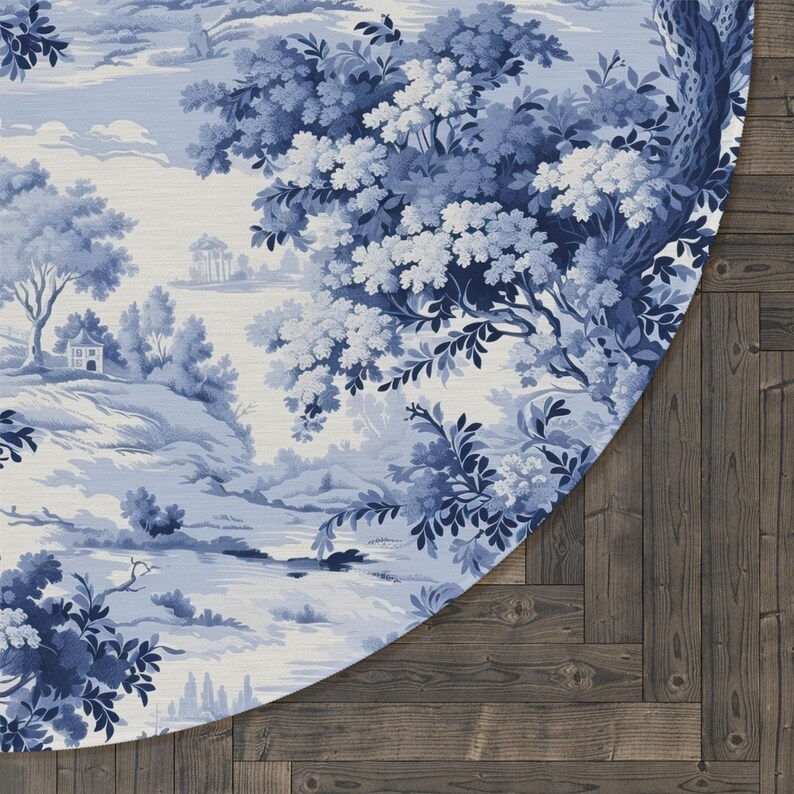 French Country Toile Rug, Blue and White Chinoiserie Trees, Wooded ...