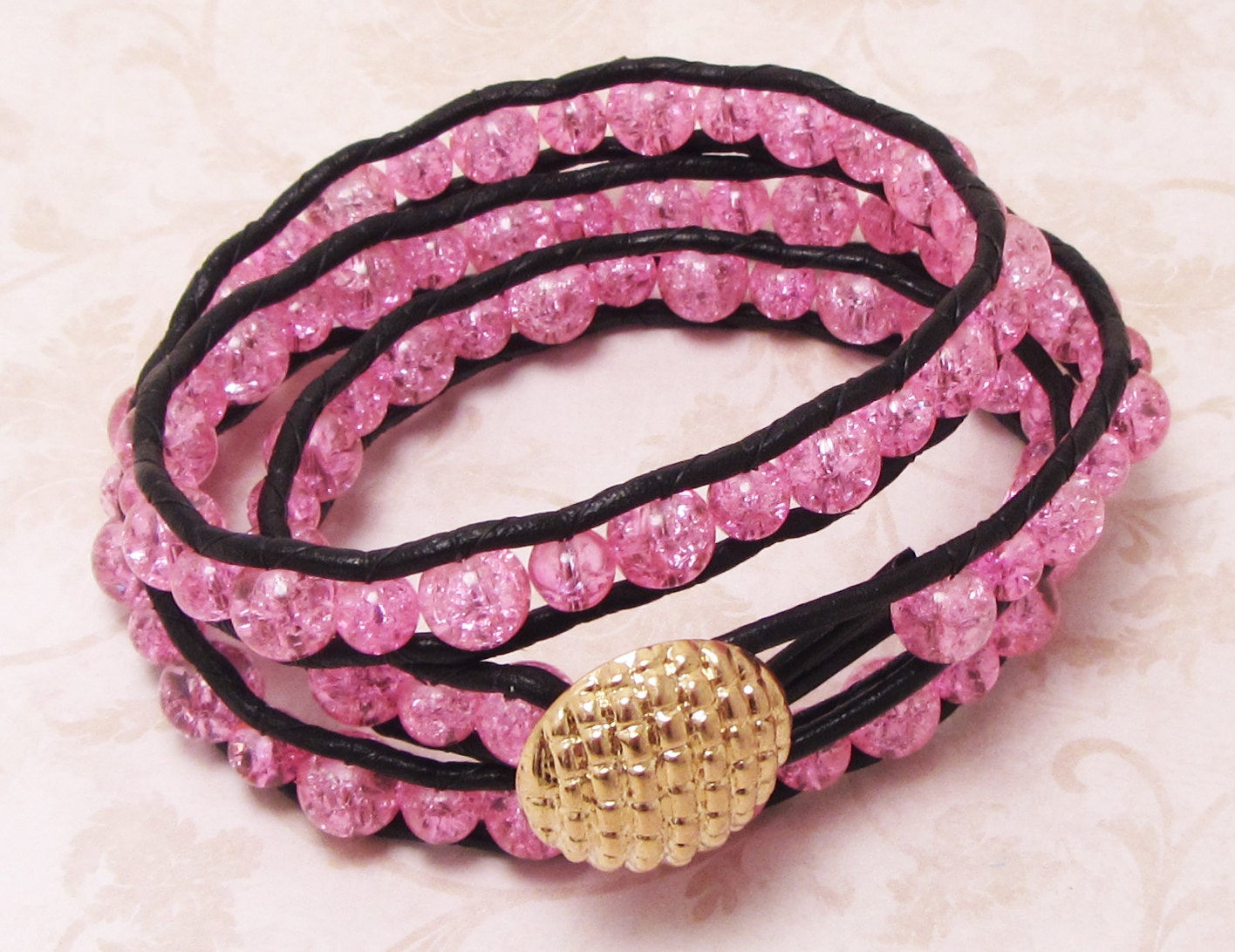 Wavy Triple Wrap With Hot Pink Crackle Glass Gold Coat - Etsy