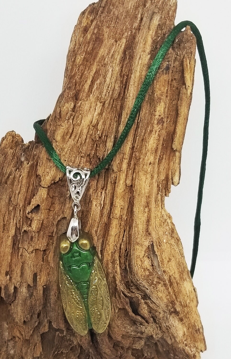 Resin Cicada Gold and Green Resin Pendant Satin Cord Unique Gift Idea ...