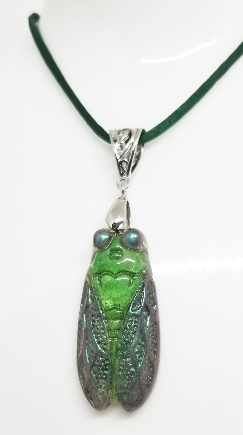 Resin Cicada Purple and Green Resin Pendant Satin Cord Unique Gift Idea ...