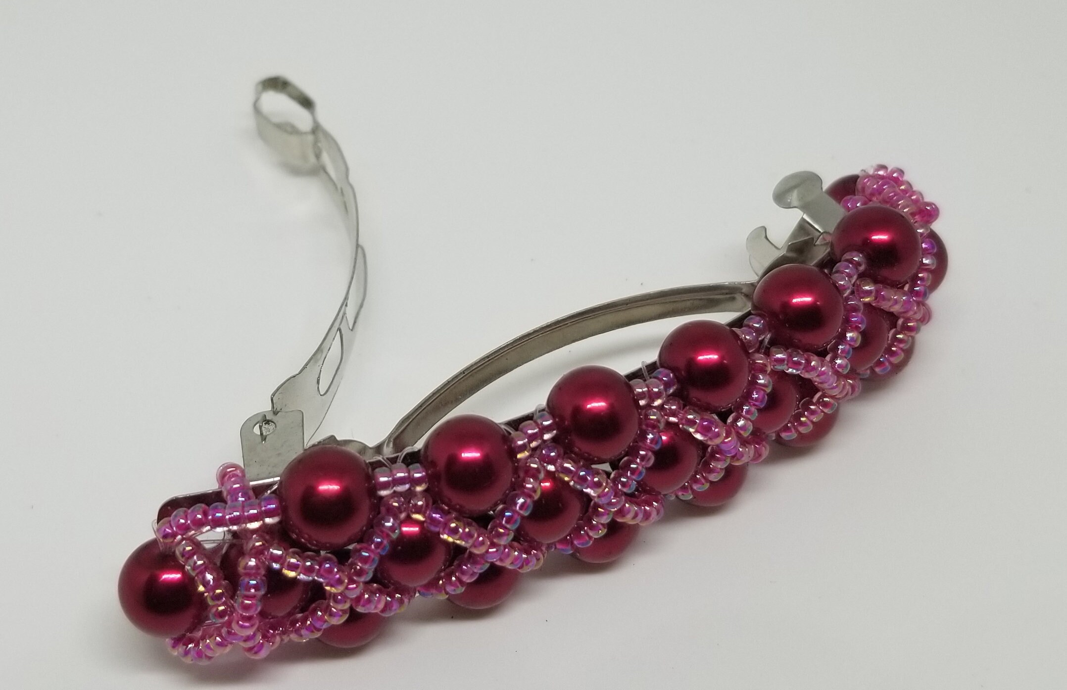 Beaded Hair Barrette, Red Faux Pearls and Cranberry AB Seed Beads. XO ...