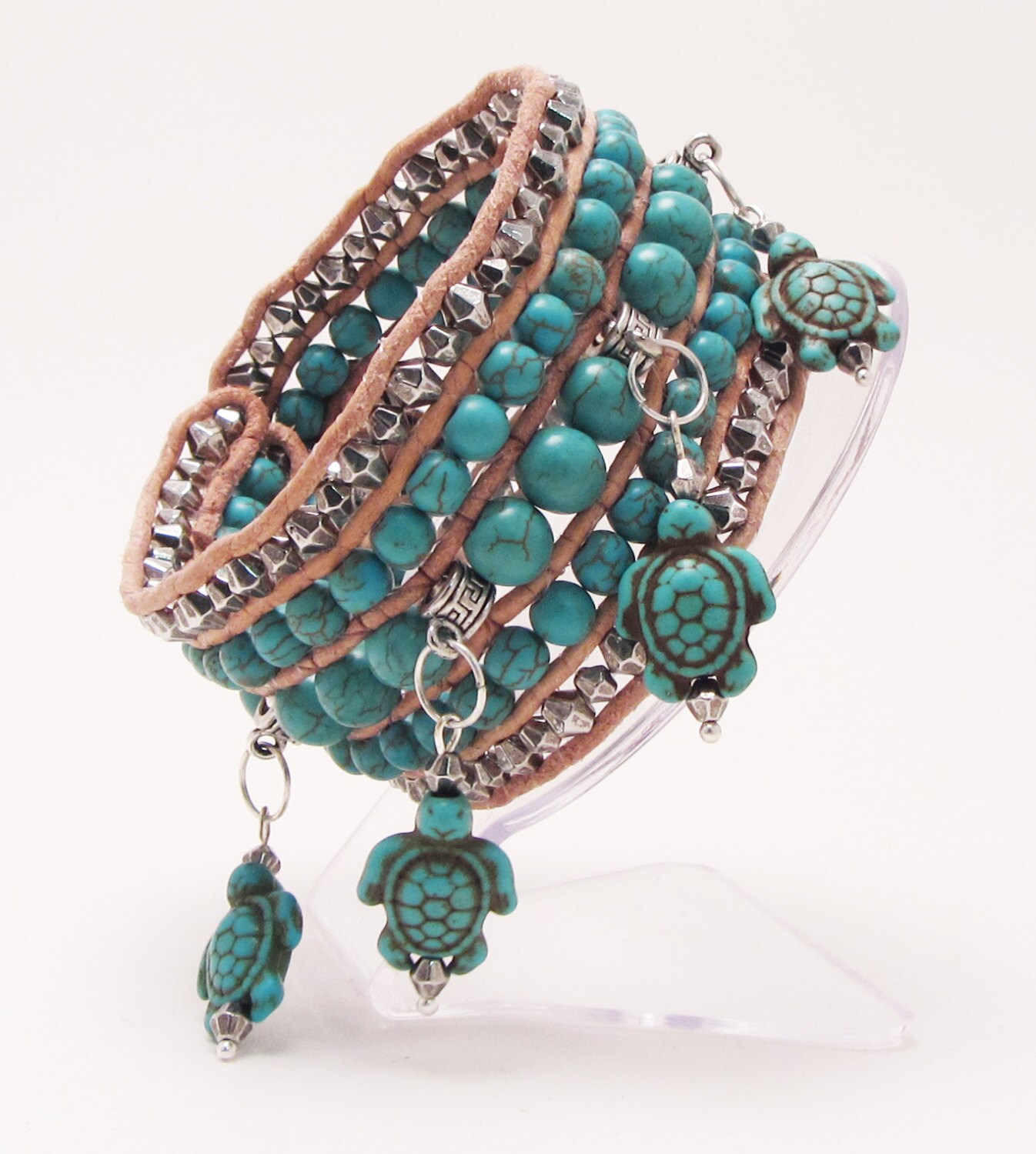 5 Row Button Cuff, Turquoise Howlite,turtles,heart, Natural Leather ...