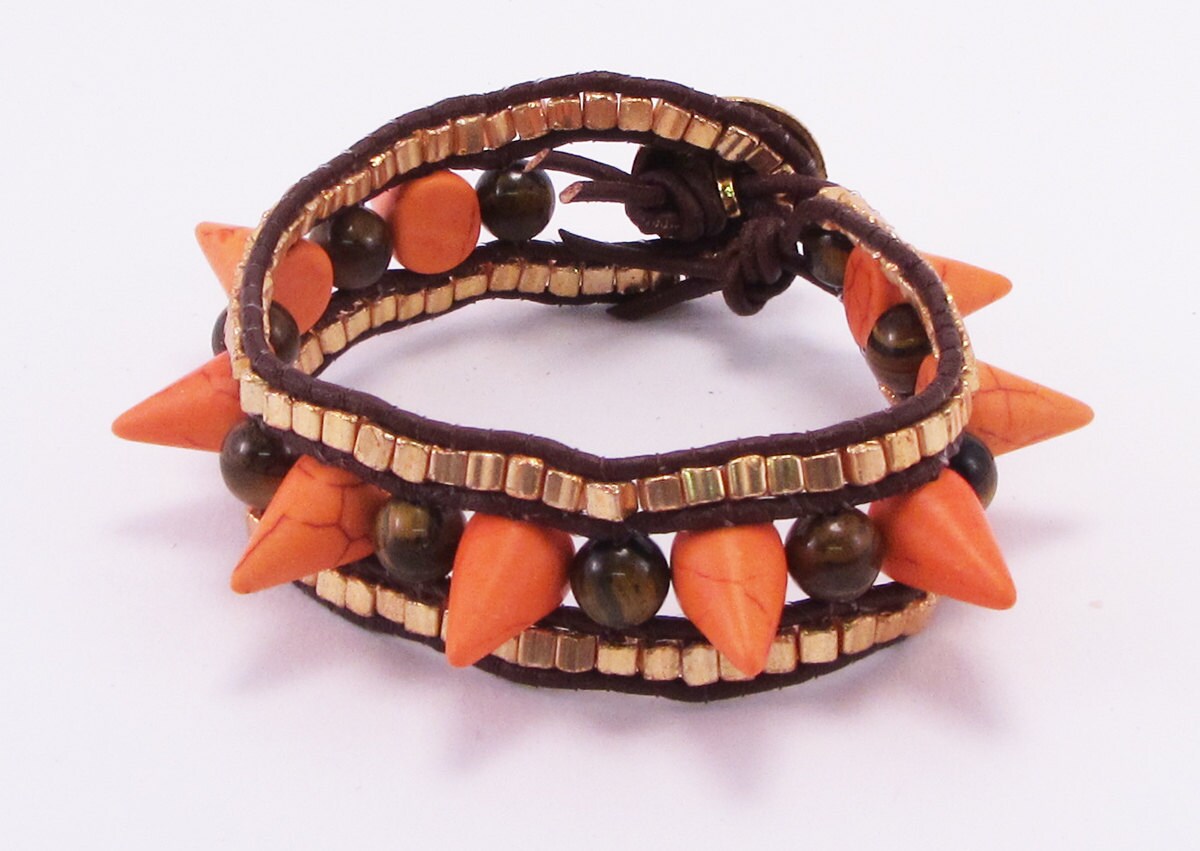 Orange Turquoise Spike 3 Row Cuff. Tigers Eye Gemstones - Etsy