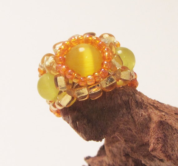 Gemstone Bead Woven Ring Fiber Optic Yellow Cats Eye Dyed - Etsy