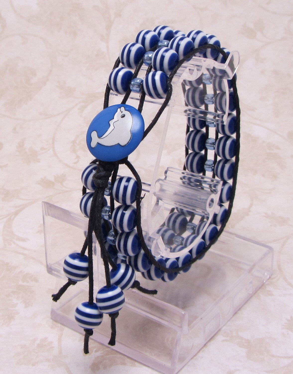 Blue Buoy, Blue Striped, Cuff Bracelet, W/adorable Dolphin Button ...