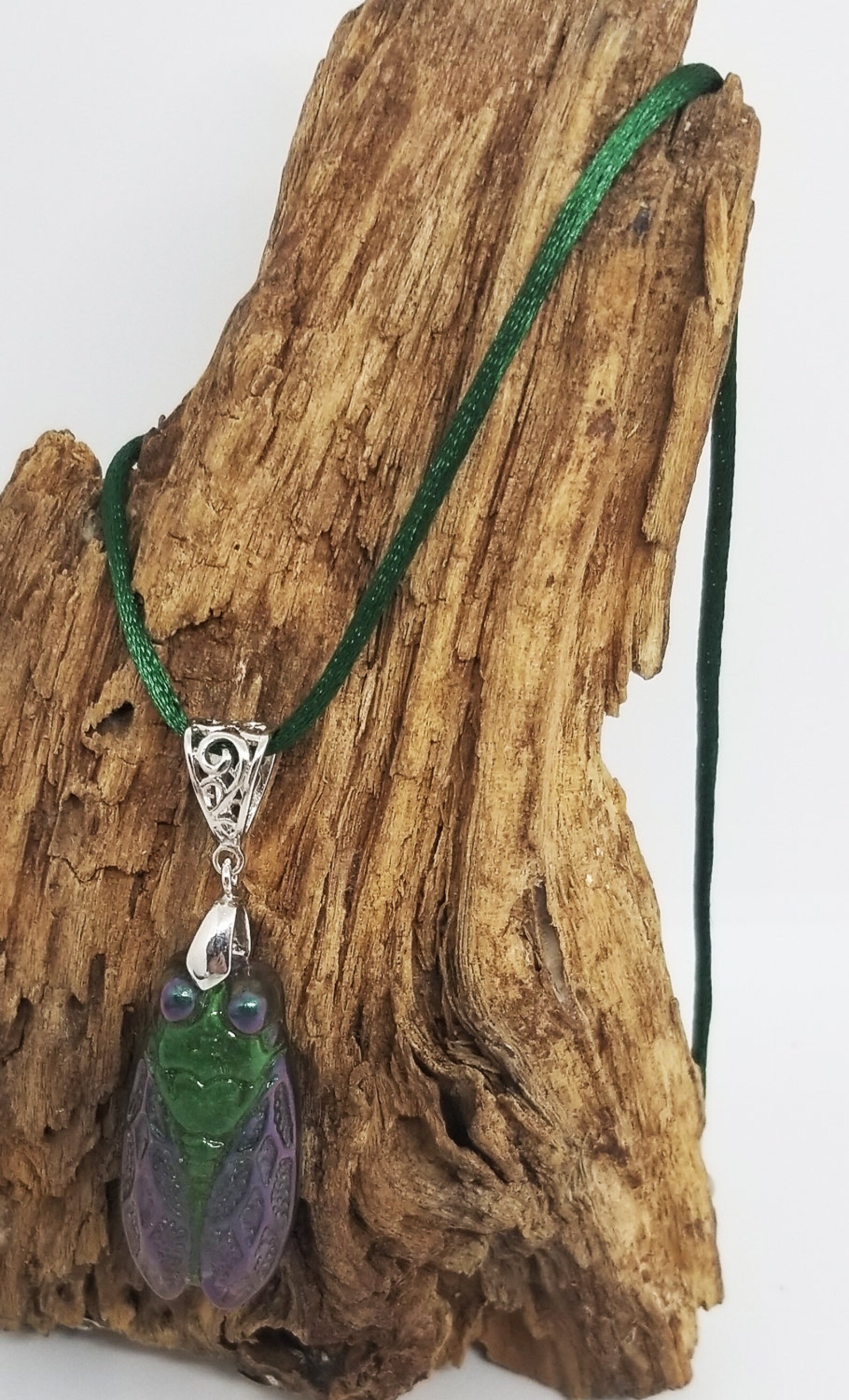 Resin Cicada Purple and Green Resin Pendant Satin Cord Unique Gift Idea ...
