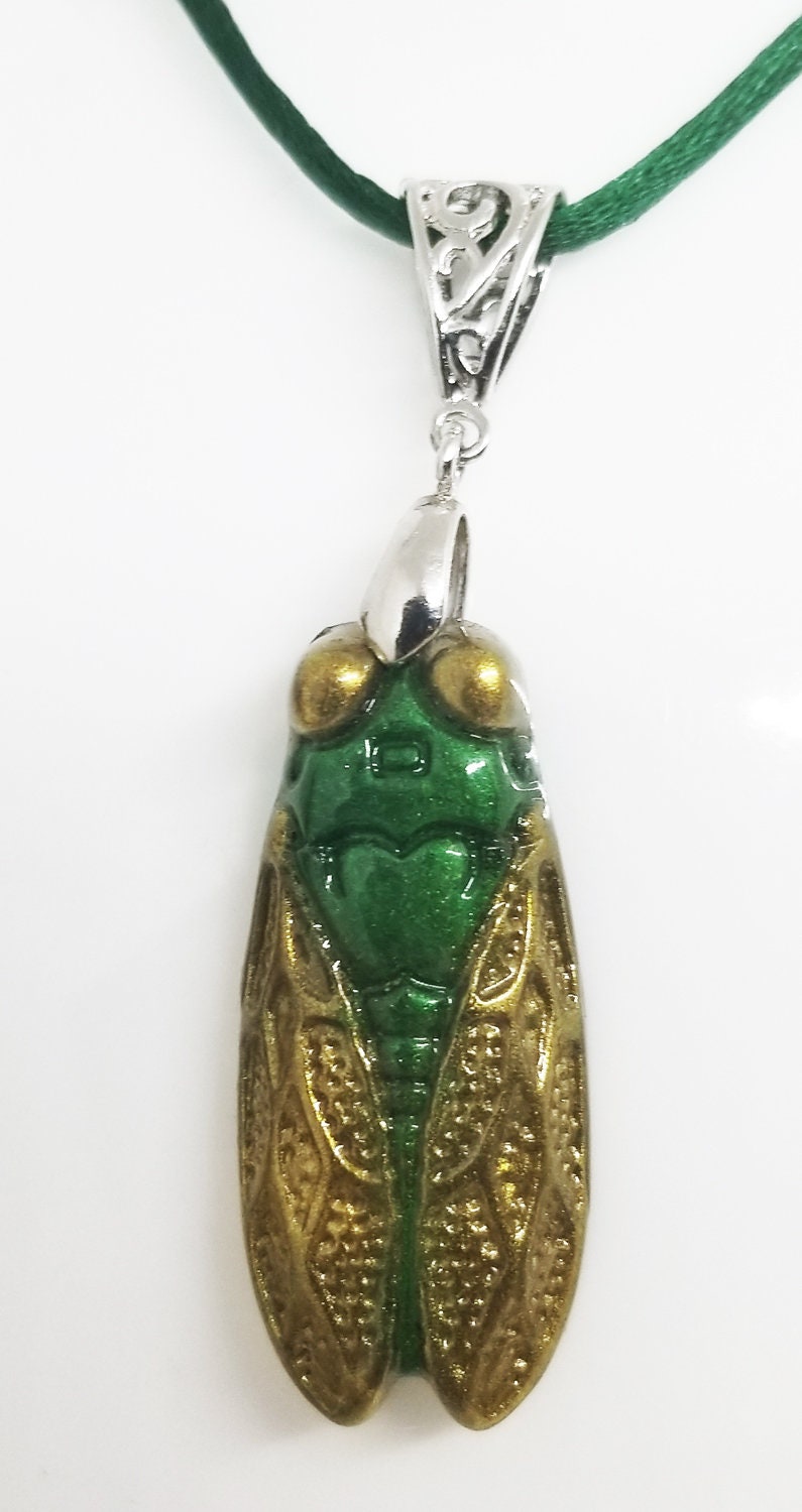 Resin Cicada Gold and Green Resin Pendant Satin Cord Unique Gift Idea ...