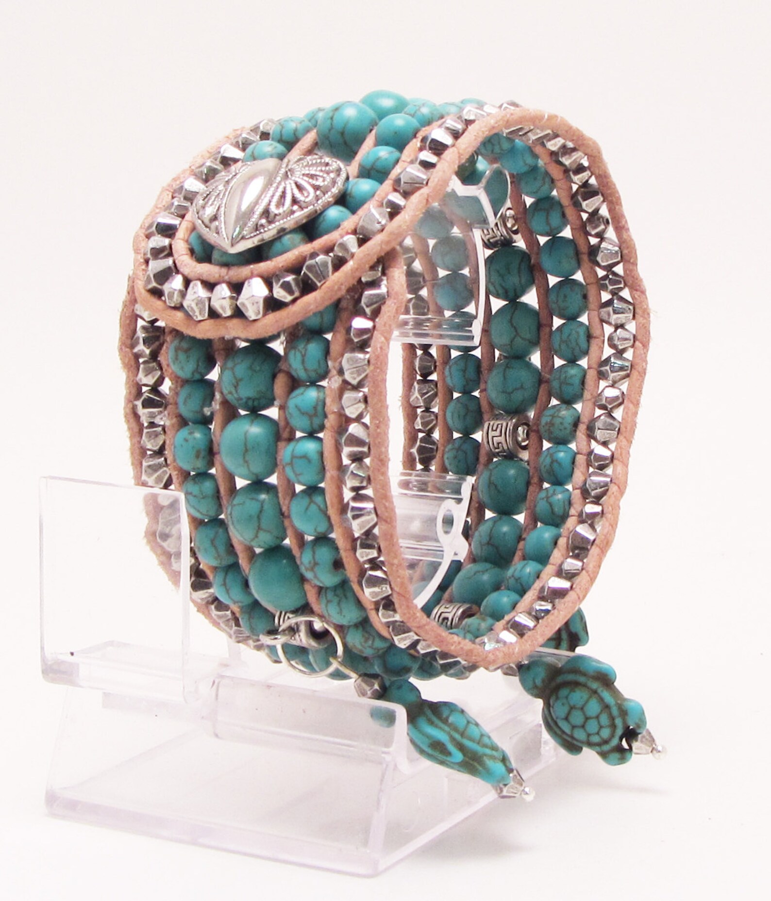 5 Row Button Cuff, Turquoise Howlite,turtles,heart, Natural Leather ...