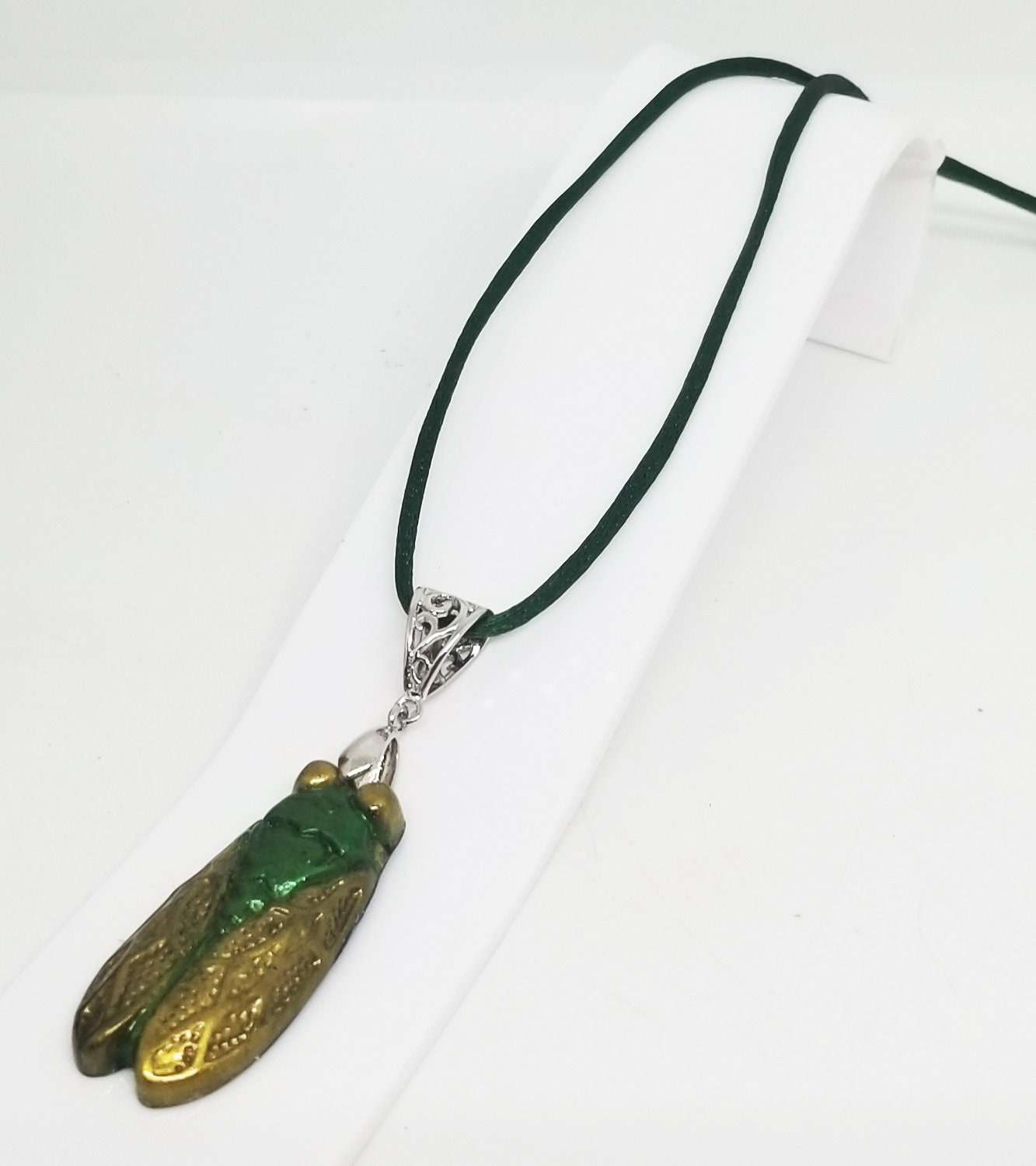 Resin Cicada Gold and Green Resin Pendant Satin Cord Unique Gift Idea ...
