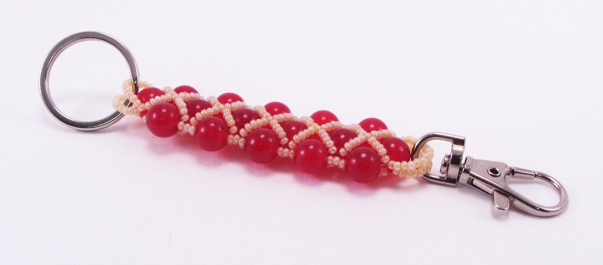 Red Jade Gemstone Woven Keychain, Unisex Beaded Accessory, Auto, Shop ...