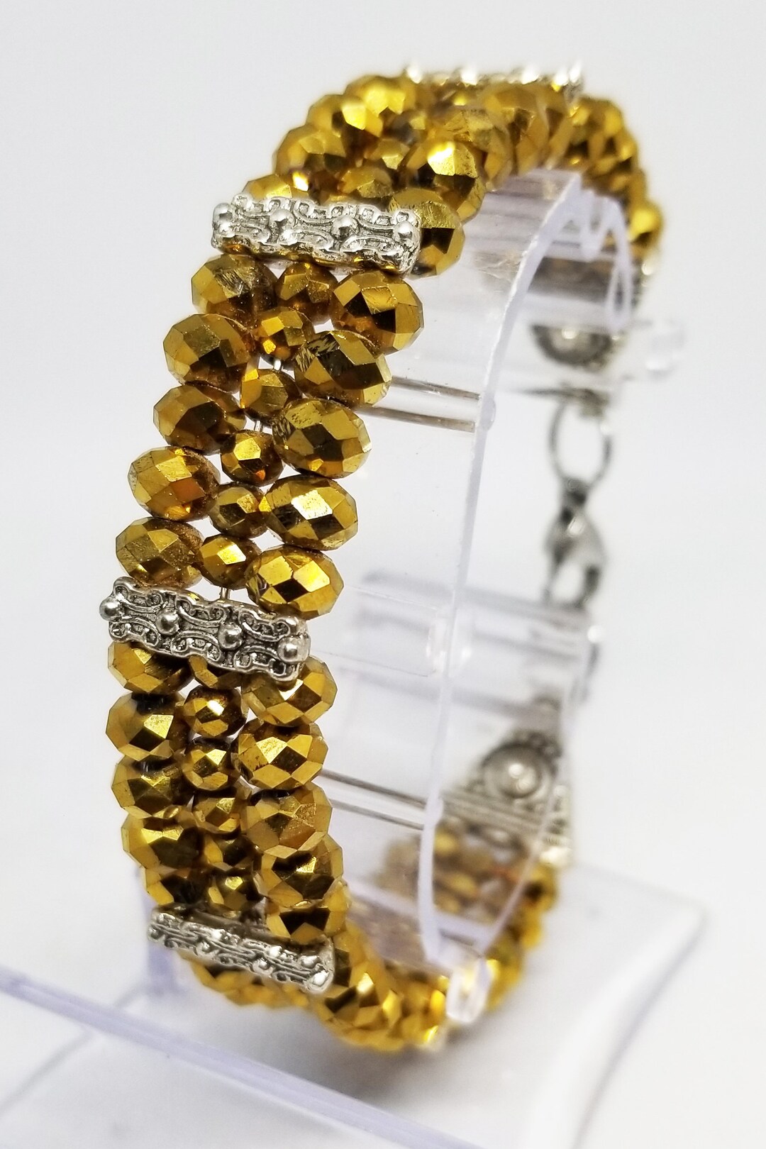 Faceted Metallic Gold Glass, 3 Rows, 7 to 7 1/2 Wrist, Memory Wire ...