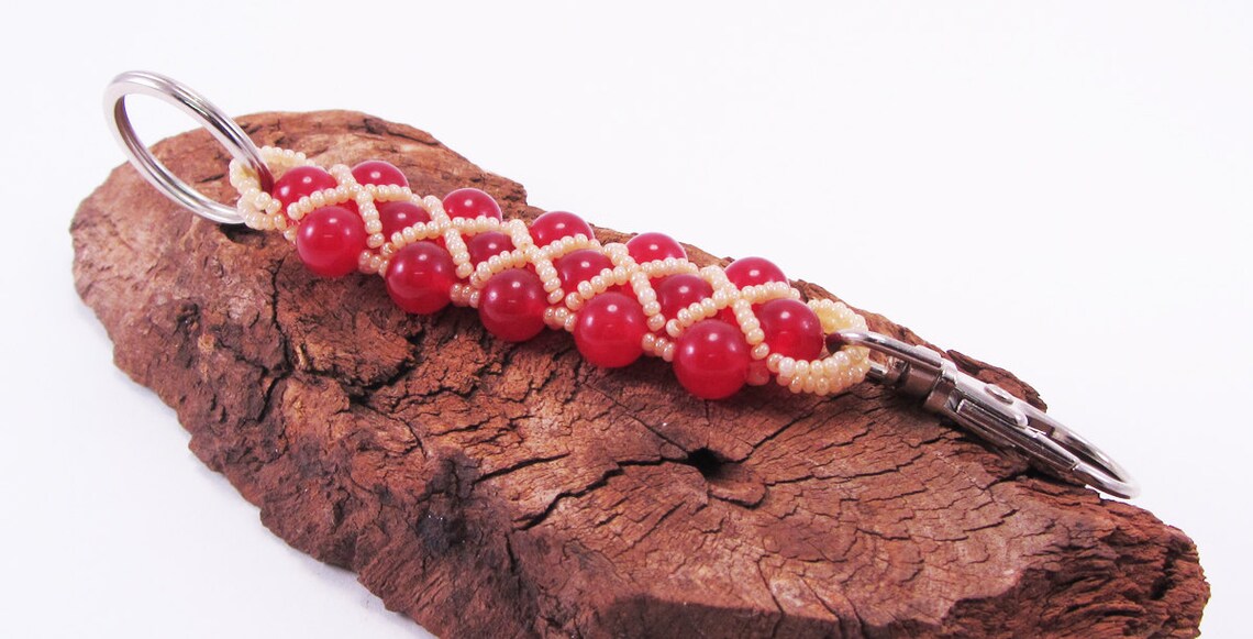 Red Jade Gemstone Woven Keychain, Unisex Beaded Accessory, Auto, Shop ...