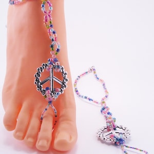 Barefoot Sandals, Foot Jewelry, Multi Color Glass Beads, Peace Signs ...