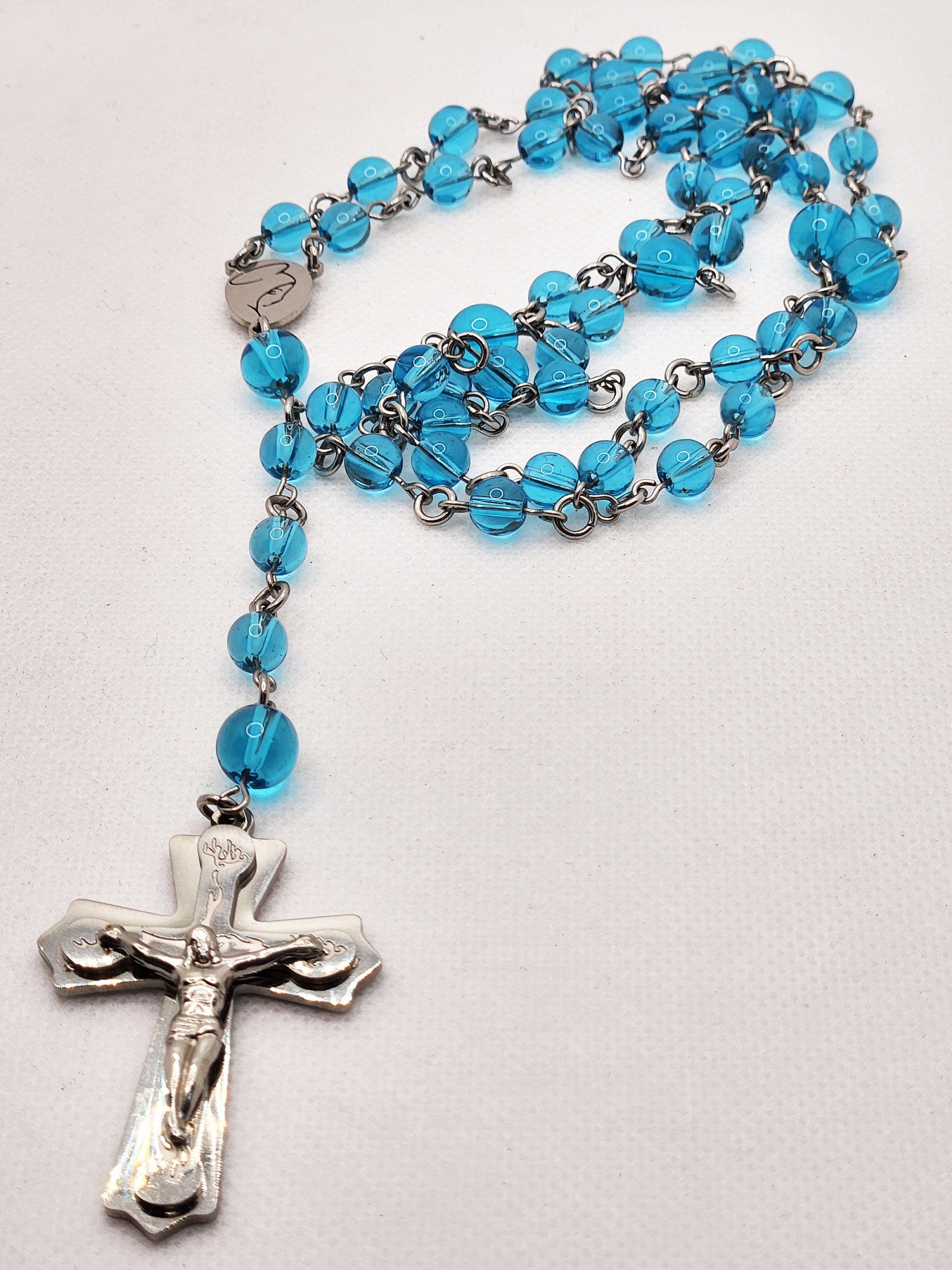 Lake Blue Crystal Glass Rosary Prayer Beads All Stainless - Etsy