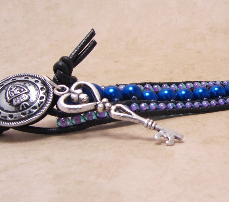 Metallic Blue Pearls, Purple Glass, Black Leather, Silver Key, 3 Row ...