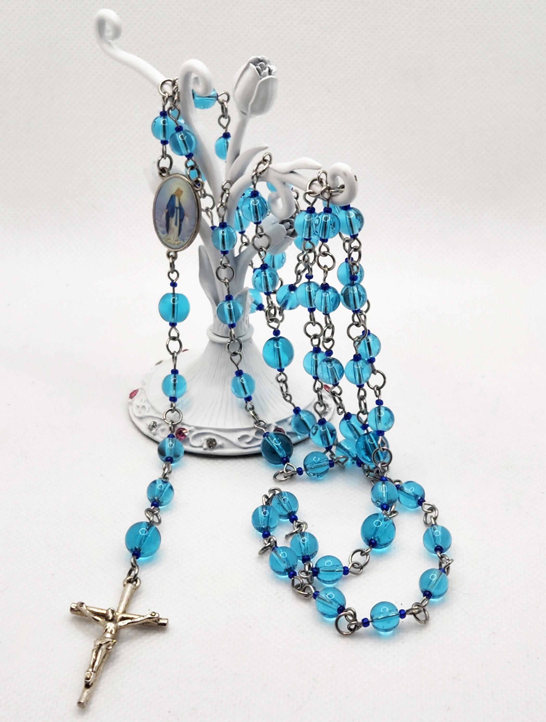Blue Glass Rosary Prayer Beads With Tiny Cobalt Blue Seed Bead Accents ...