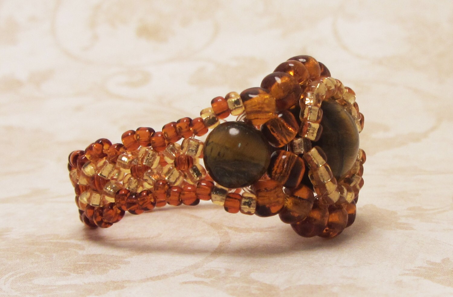 Gemstone Bead Woven Ring, Tigers Eye, Dark Amber Seed Beads, Gold Lined ...