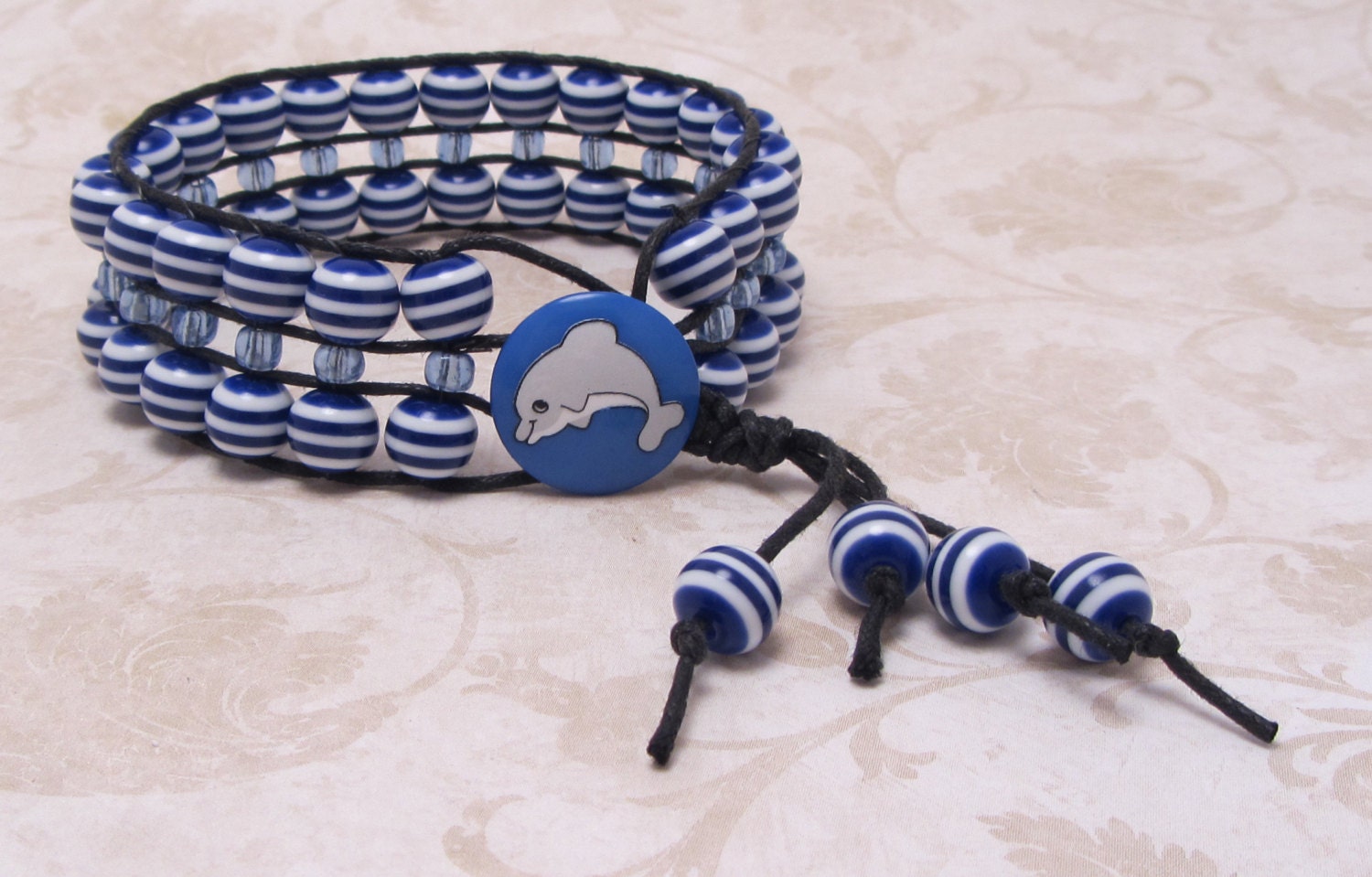 Blue Buoy, Blue Striped, Cuff Bracelet, W/adorable Dolphin Button ...
