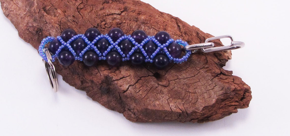 Amethyst Gemstone Woven Keychain, Unisex Beaded Accessory, Auto, Shop ...