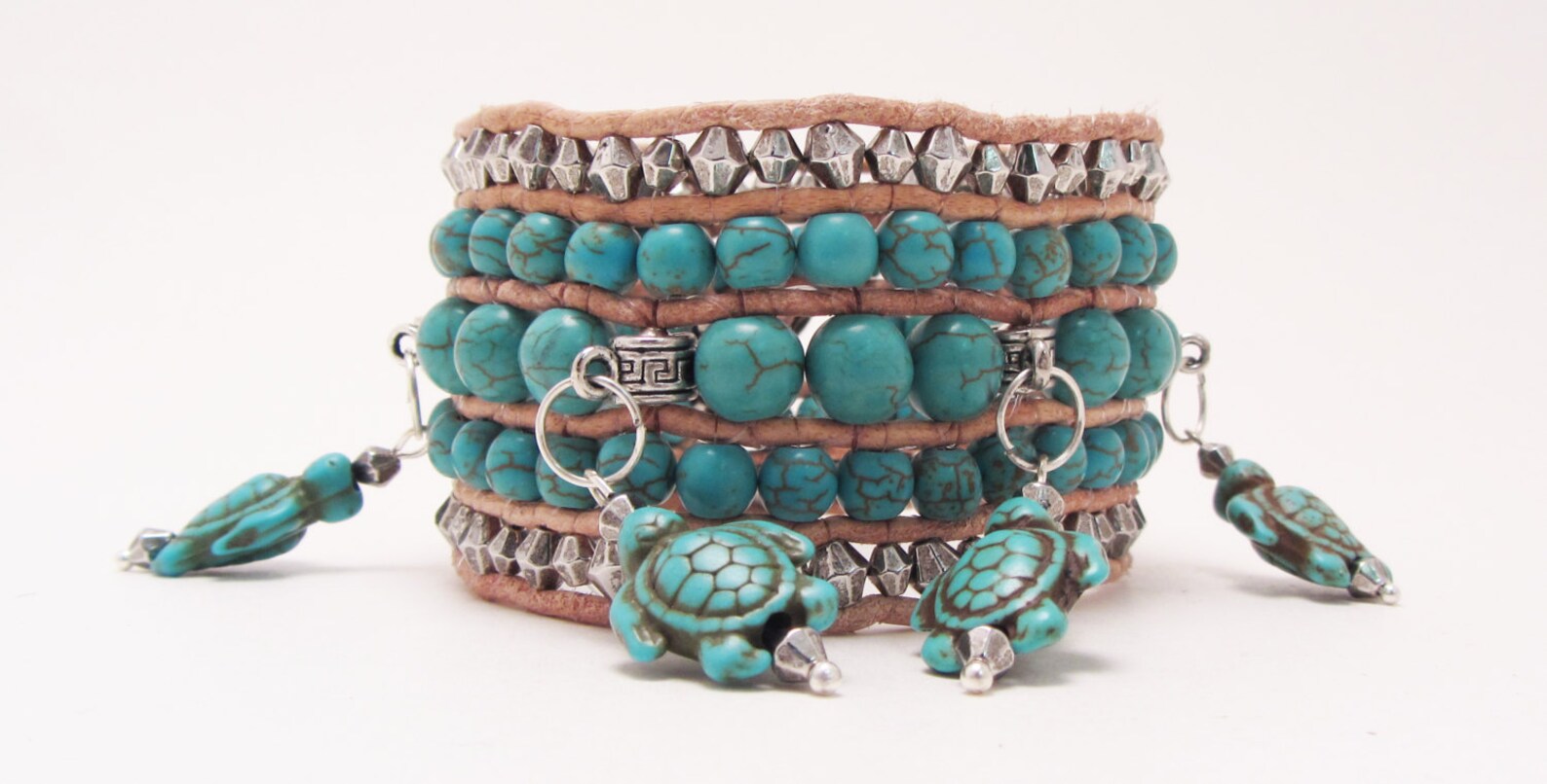 5 Row Button Cuff, Turquoise Howlite,turtles,heart, Natural Leather ...