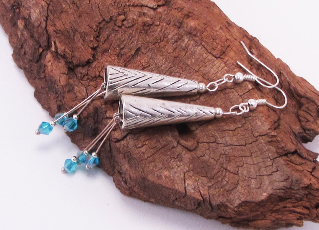 Metal Cone Earrings, Blue Czech Crystal Bicones, Dangle Earrings, Long ...