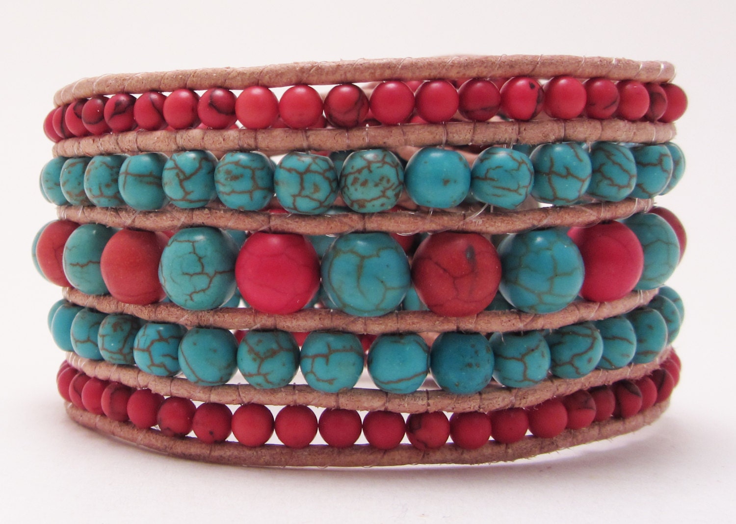 5 Row Button Cuff, Turquoise Howlite, Natural Leather, Southwestern ...
