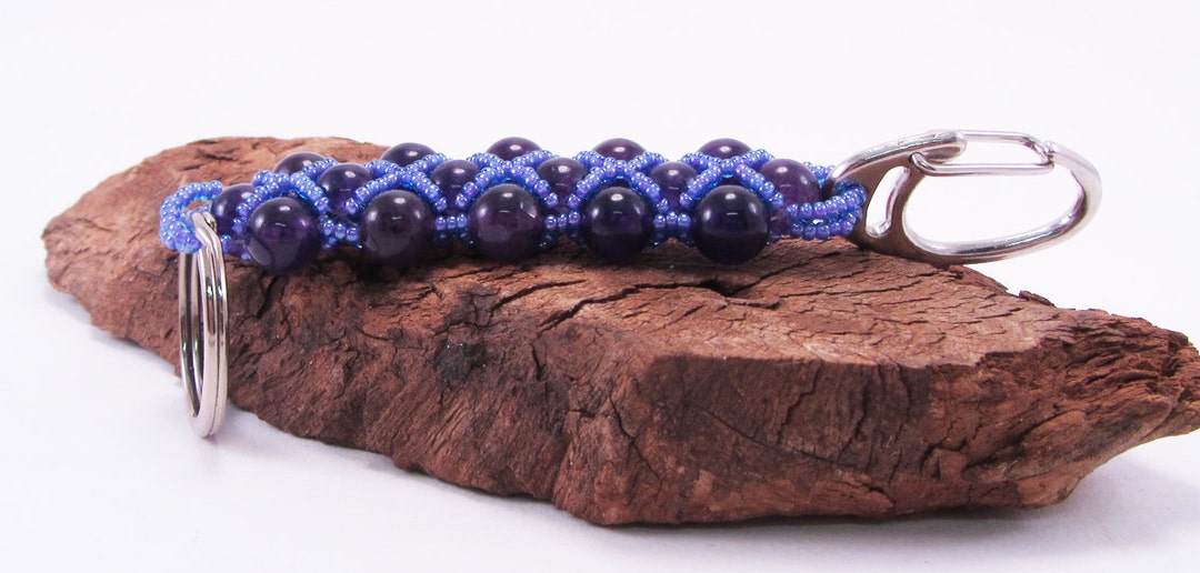 Amethyst Gemstone Woven Keychain, Unisex Beaded Accessory, Auto, Shop ...