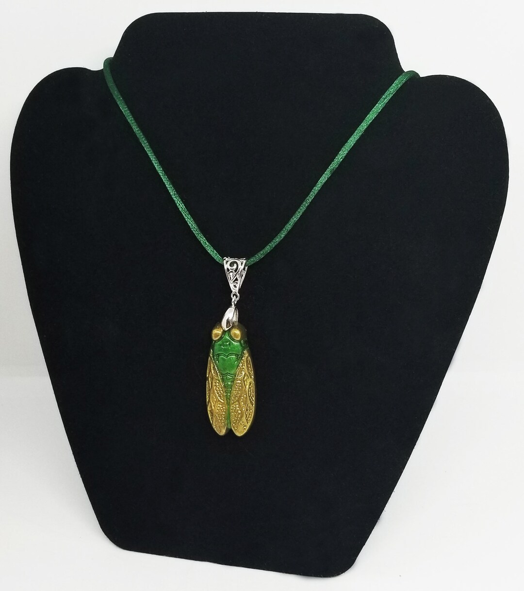 Resin Cicada Gold and Green Resin Pendant Satin Cord Unique Gift Idea ...
