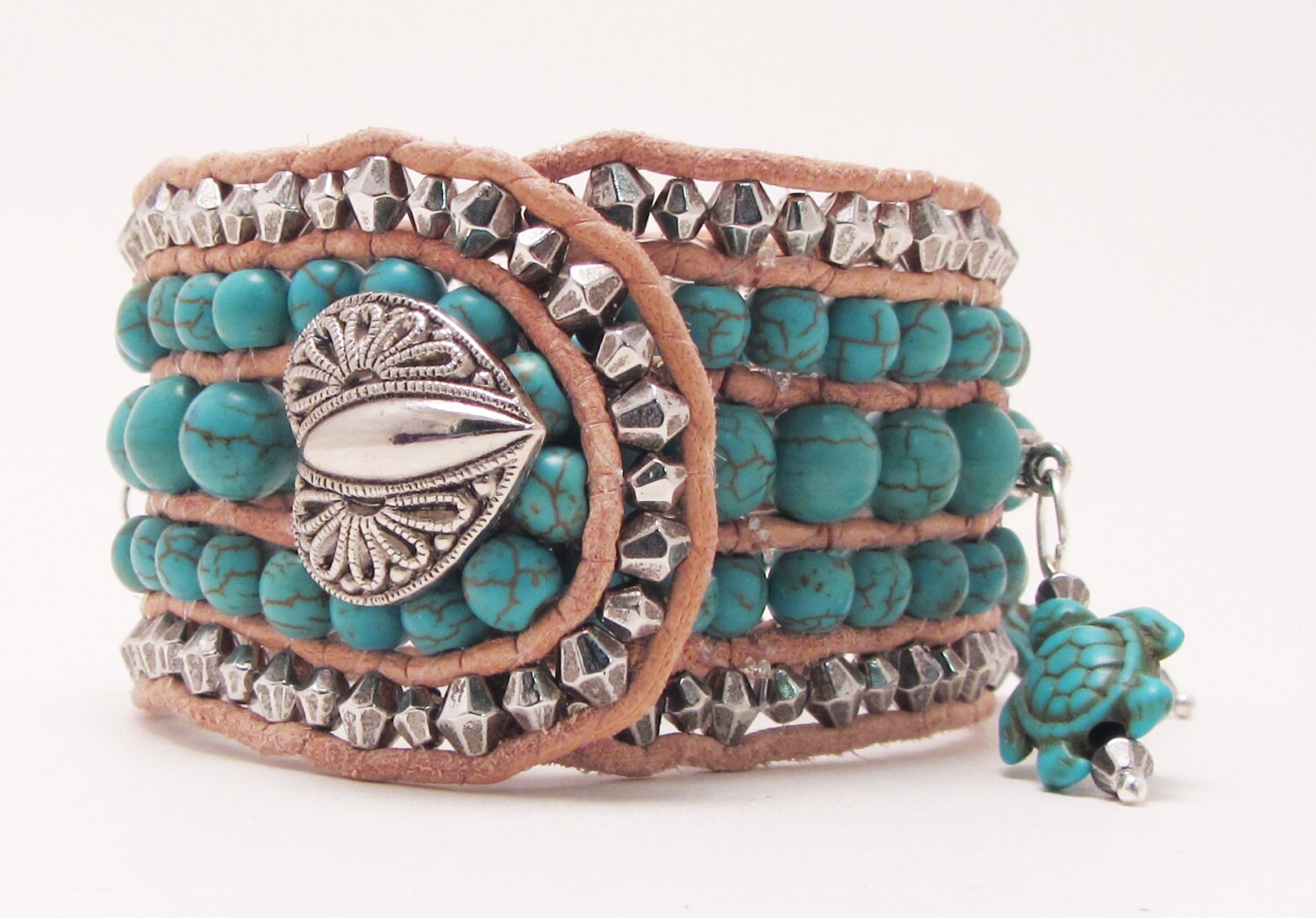 5 Row Button Cuff, Turquoise Howlite,turtles,heart, Natural Leather ...
