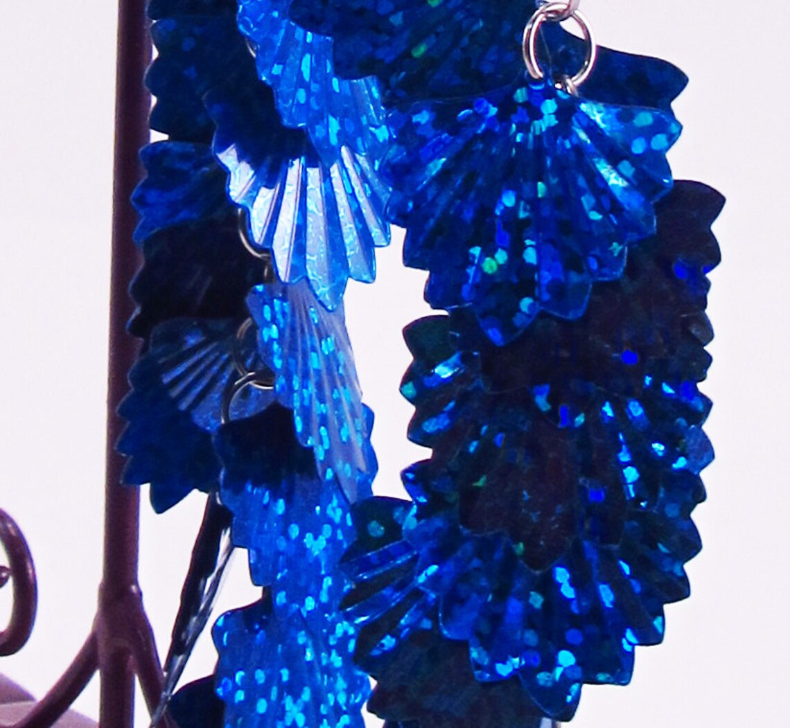 Royal Blue Hologram Fans Shoulder Dusters Long Earrings - Etsy
