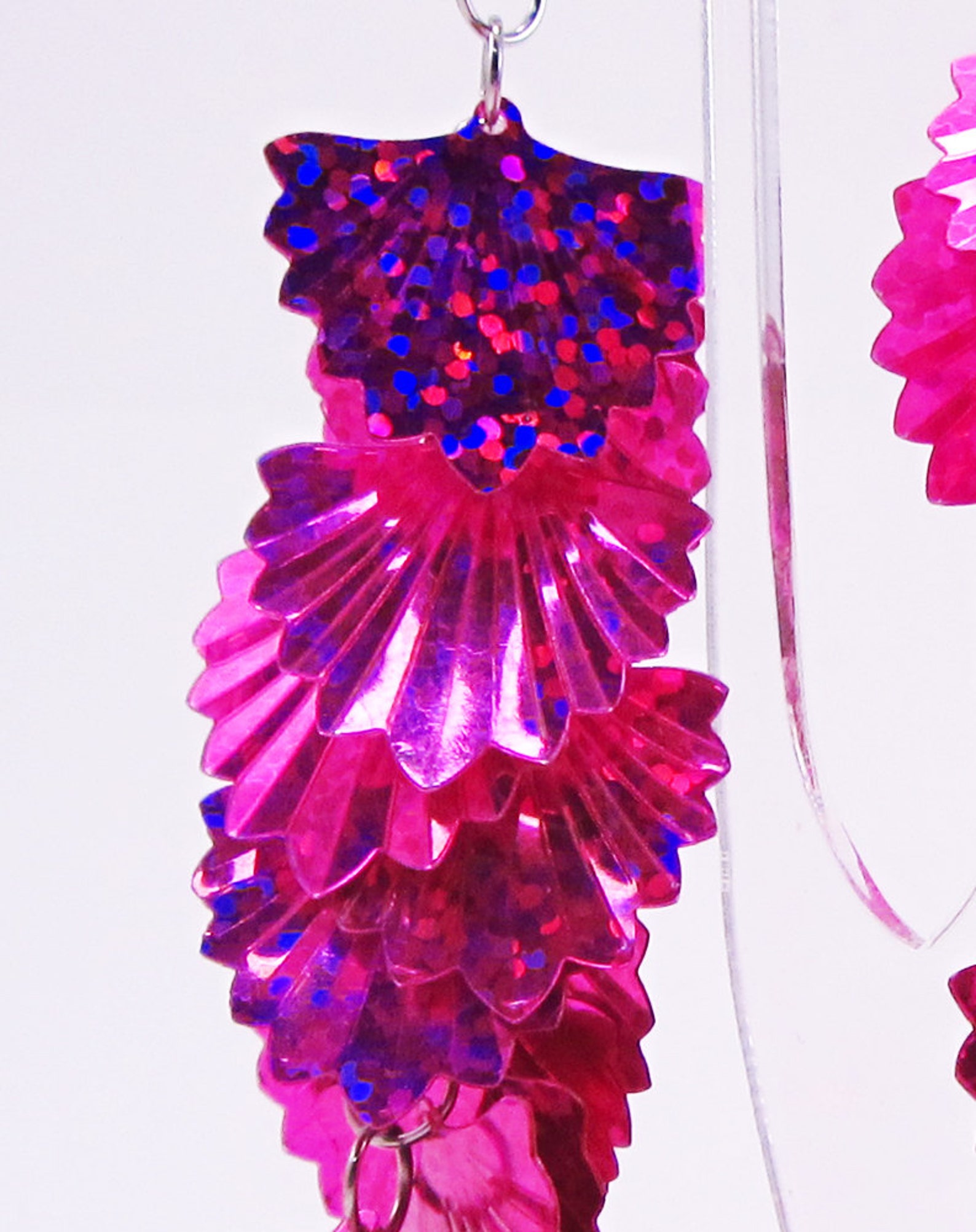 Fuchsia Hologram Fans Shoulder Dusters Long Earrings - Etsy