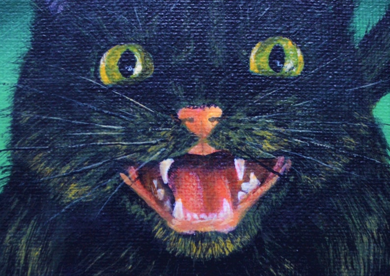 Small Spooky Painting of Black Cat and Jack-o'lantern, Creepy Halloween ...