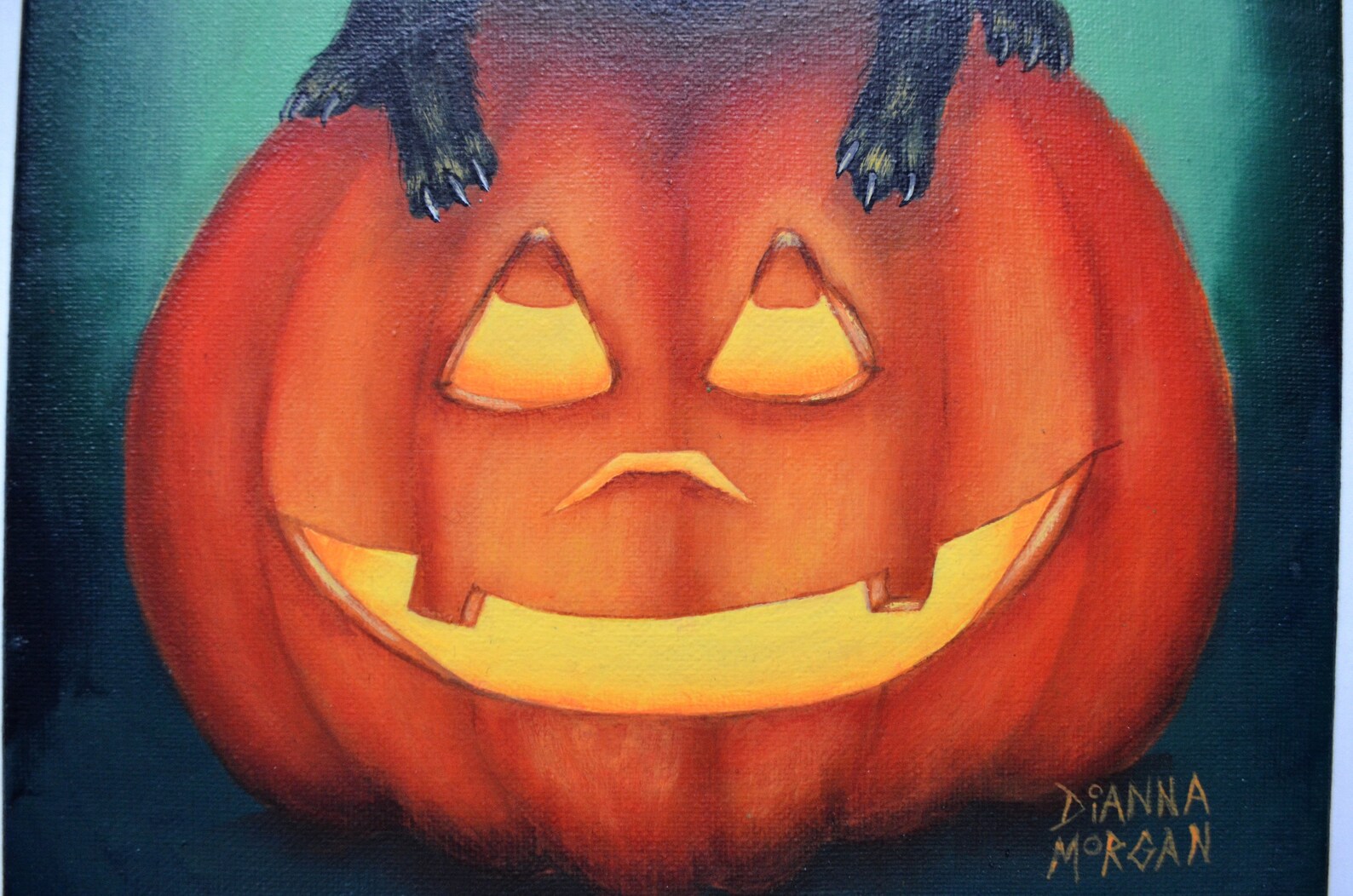 Small Spooky Painting of Black Cat and Jack-o'lantern, Creepy Halloween ...