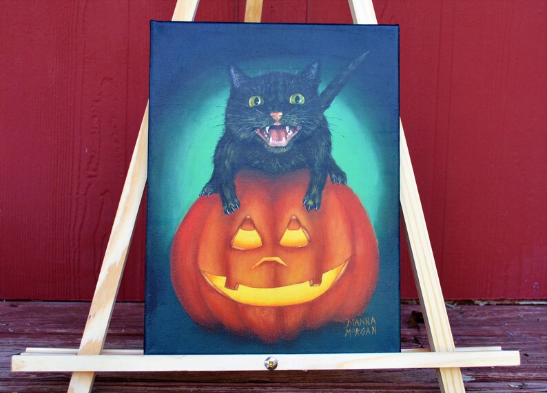 Small Spooky Painting of Black Cat and Jack-o'lantern, Creepy Halloween ...