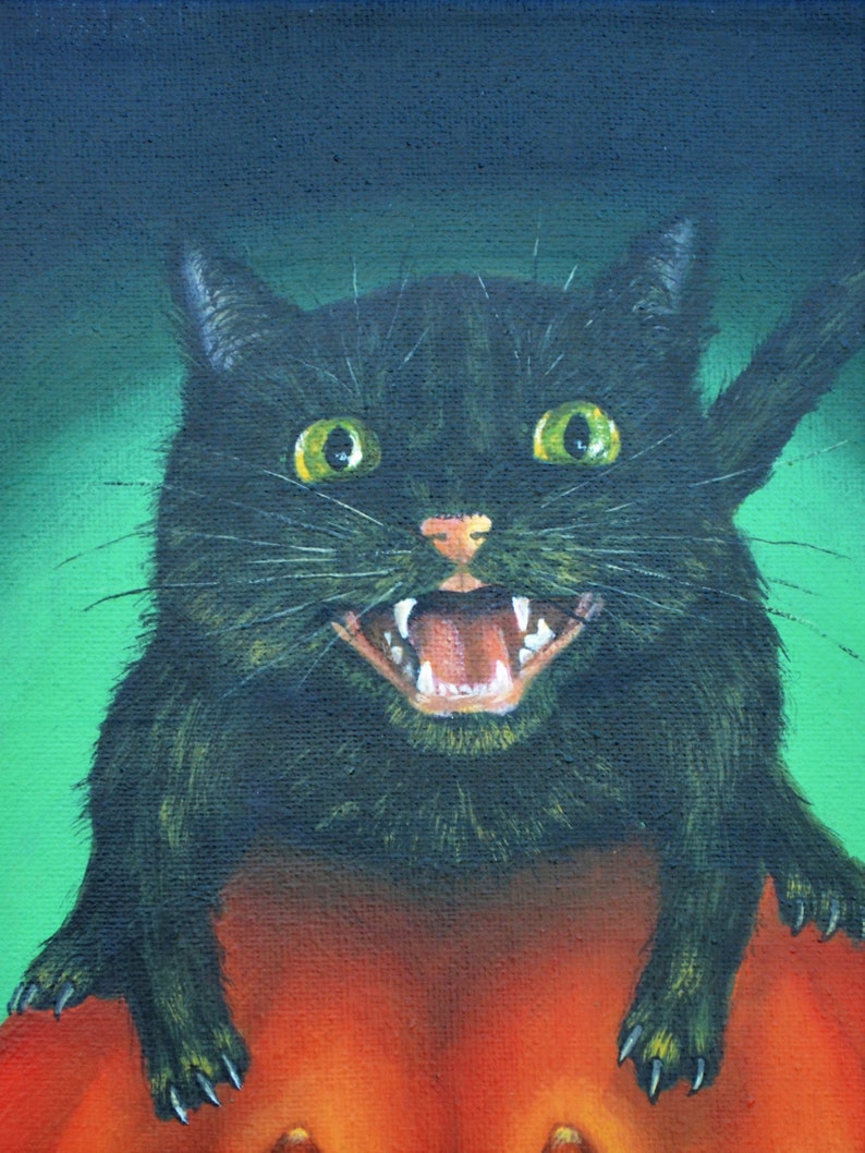 Small Spooky Painting of Black Cat and Jack-o'lantern, Creepy Halloween ...