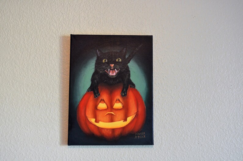 Small Spooky Painting of Black Cat and Jack-o'lantern, Creepy Halloween ...