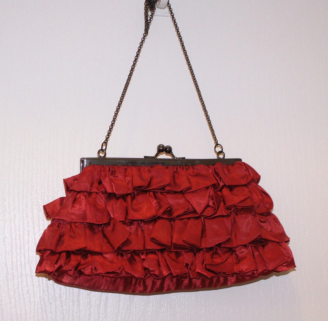 Vintage Red Purse Long Chain Shoulder Strap Red Satin Ruffles Wearable ...