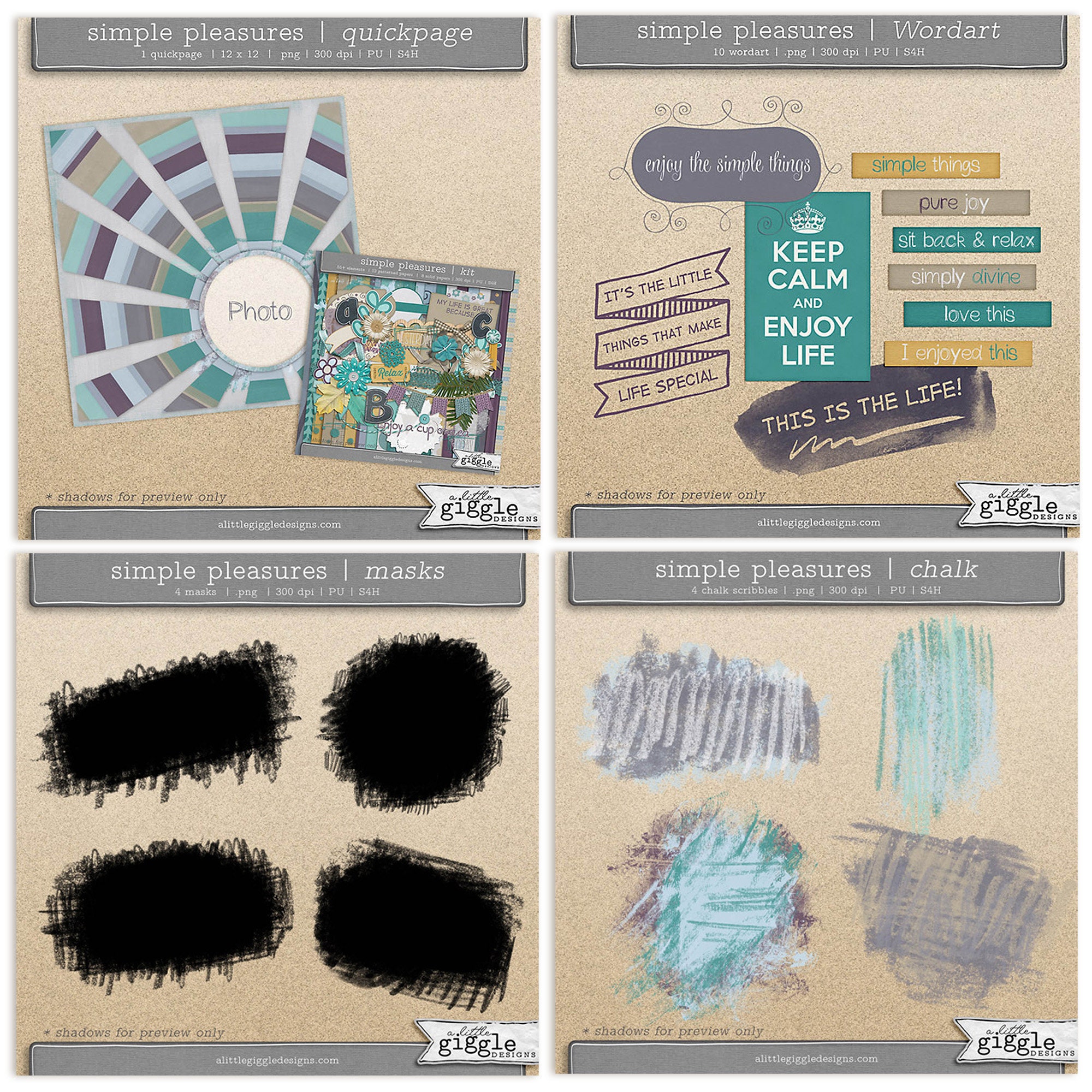 Digital Scrapbook Kit Collection simple Pleasures 55 Elements 20 Papers ...