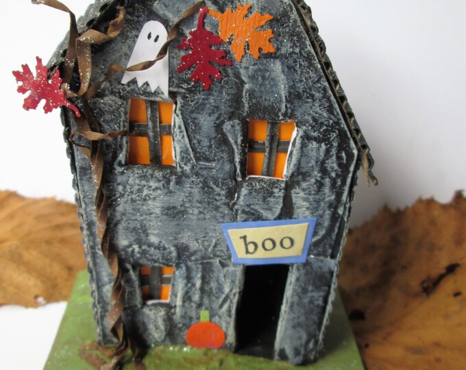 Miniature Haunted House, Paper Mache Haunted House, Putz Glitter House ...