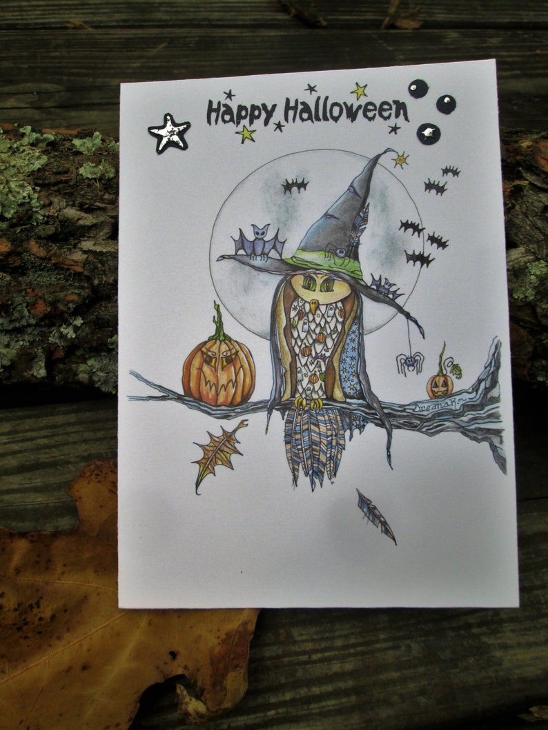 Halloween Witch Owl Drawing, Owl Print, Whimsical Owl Art, Owl Art, Owl ...