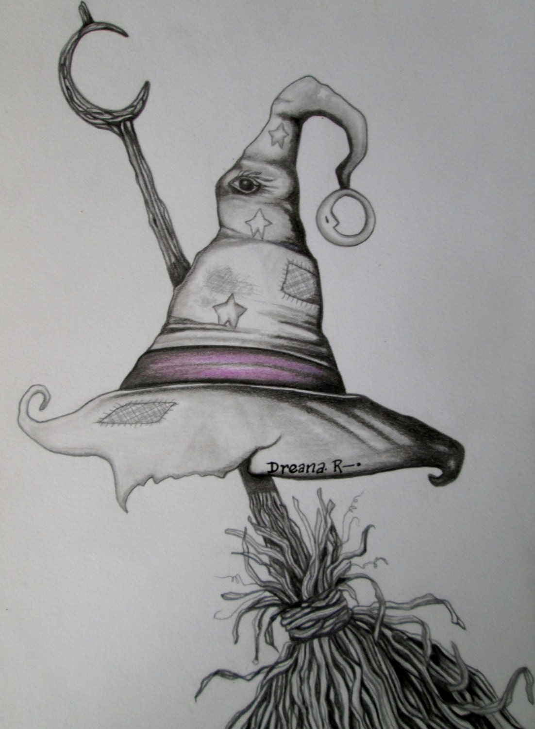 Witch Art, Print, Witches Hat Drawing, Witches Broom Drawing, Witch ...
