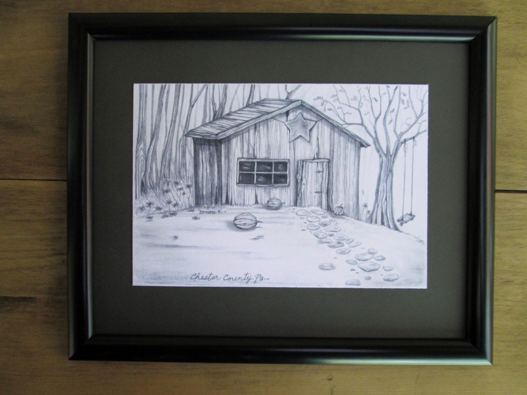 Country Farm Shed Drawing Country Print Rustic Shed Drawing Barn ...