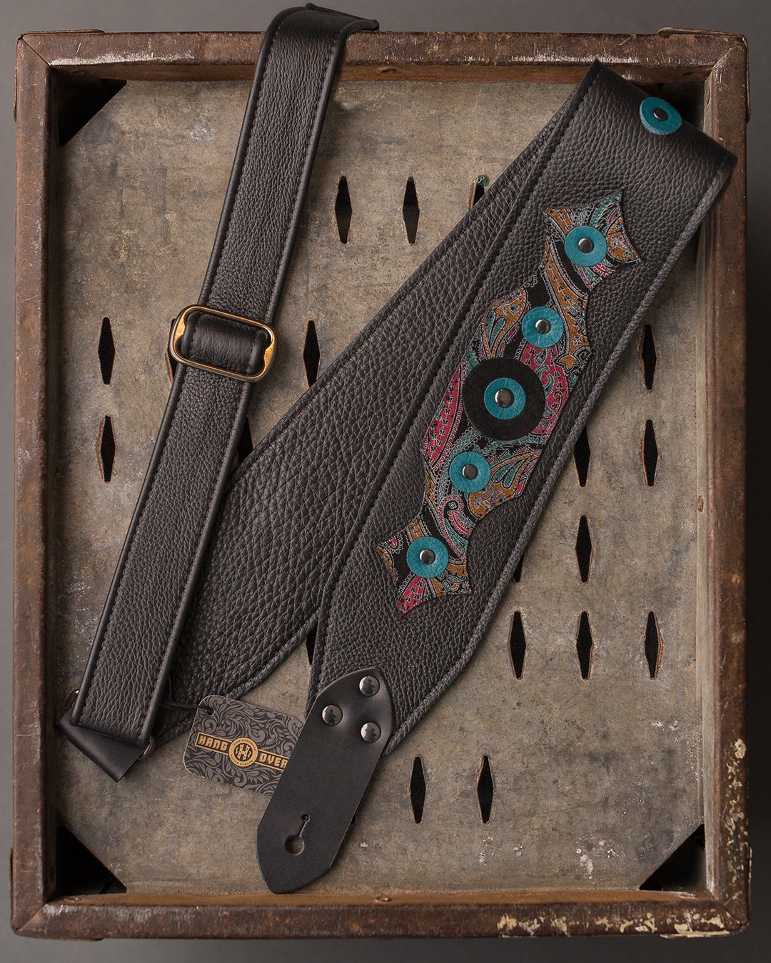Leather Inlay Series 3" Black/teal Paisley Leather Guitar Strap - Etsy
